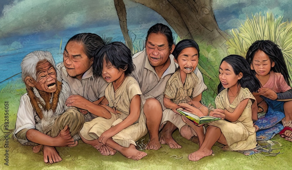 Pacific Islander children are gathered around an elderly storyteller ...