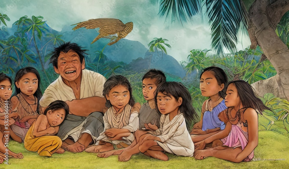 Pacific Islander children are gathered around an elderly storyteller ...