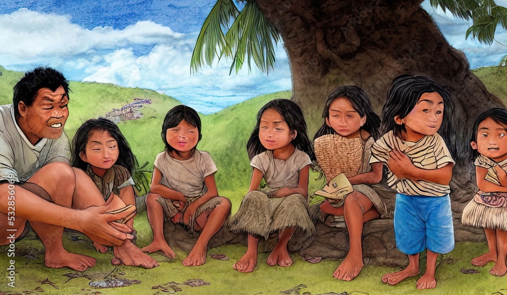 Pacific Islander children are gathered around an elderly storyteller ...