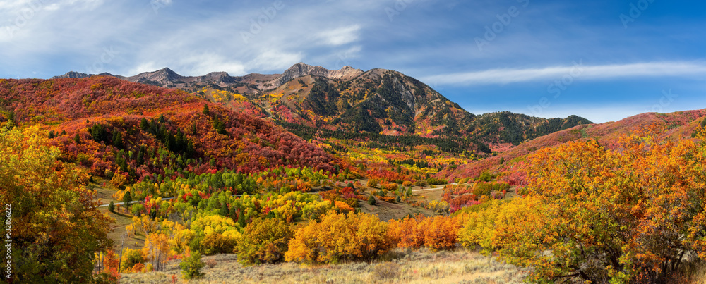 Snow basin landscape in Utah. Brilliant fall foliage around Mt Ogden ...