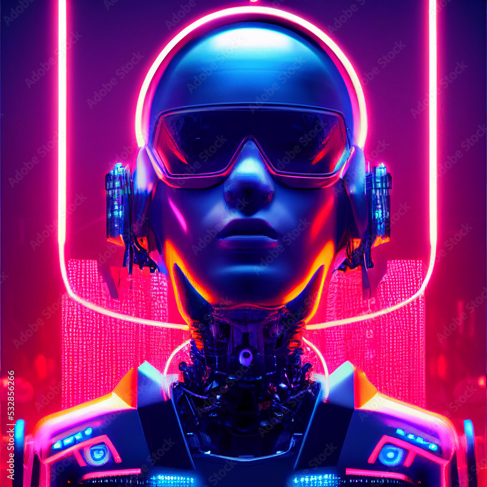 Android disco retro robot with neon background, futuristic. Stock ...