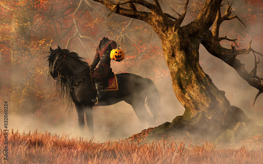 The Headless Horseman sits upon his black horse holding a jack-o ...