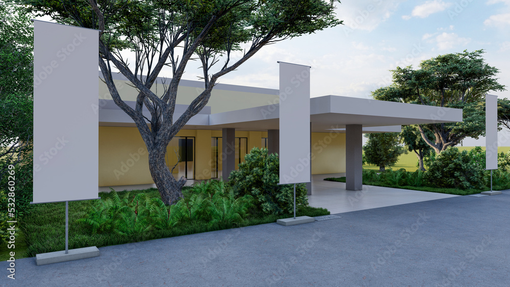 3d illustration T banner umbul-umbul spanduk with background building ...