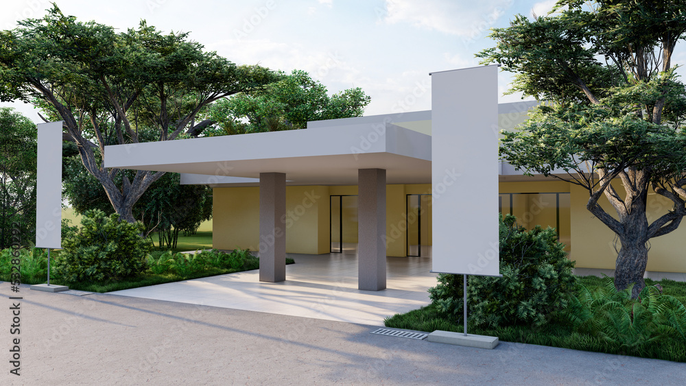 3d illustration T banner umbul-umbul spanduk with background building ...