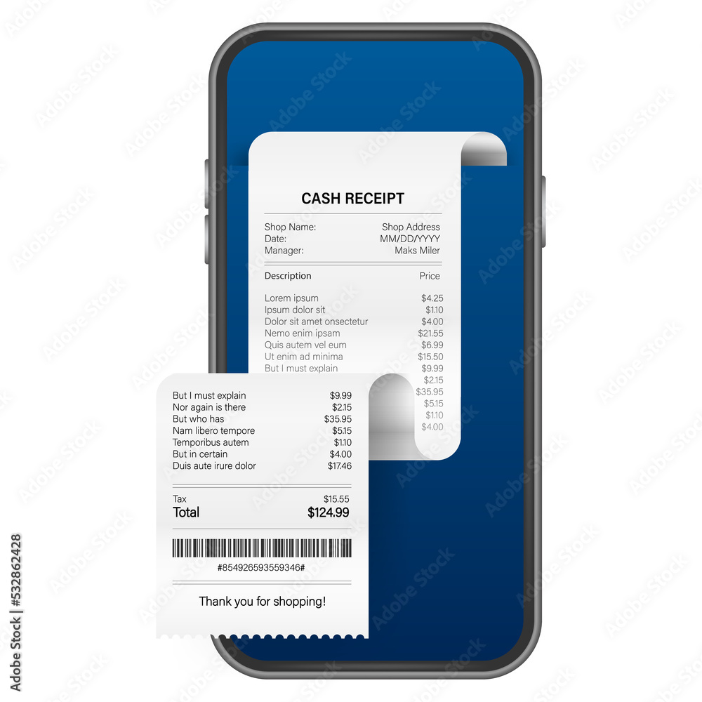 Receipt for smartphone screen. Pay tax online receipt Business card for ...