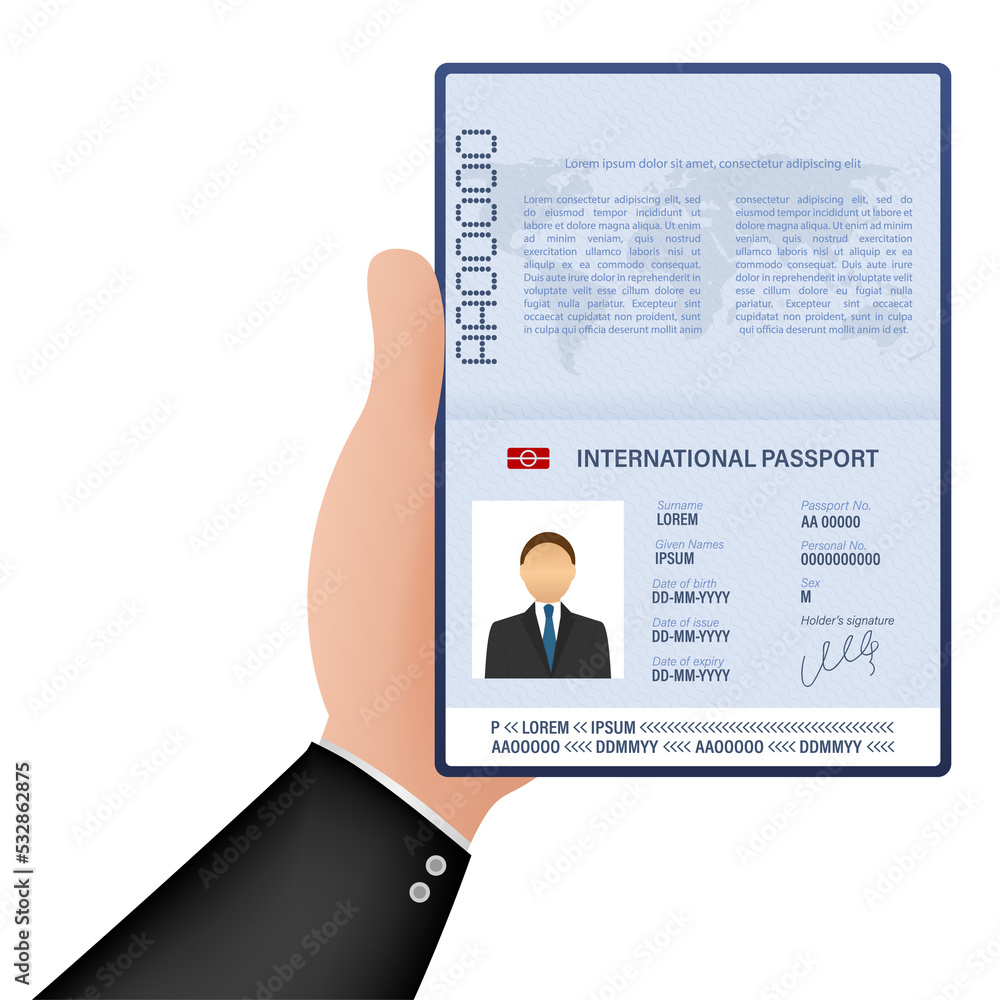 Blank open passport template. International passport with sample ...
