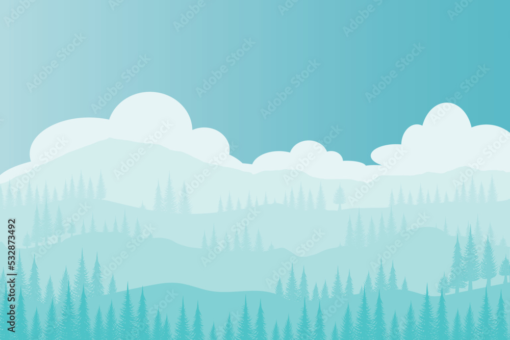 Illustrator of blue pine trees on mountain with clouds on sky ...