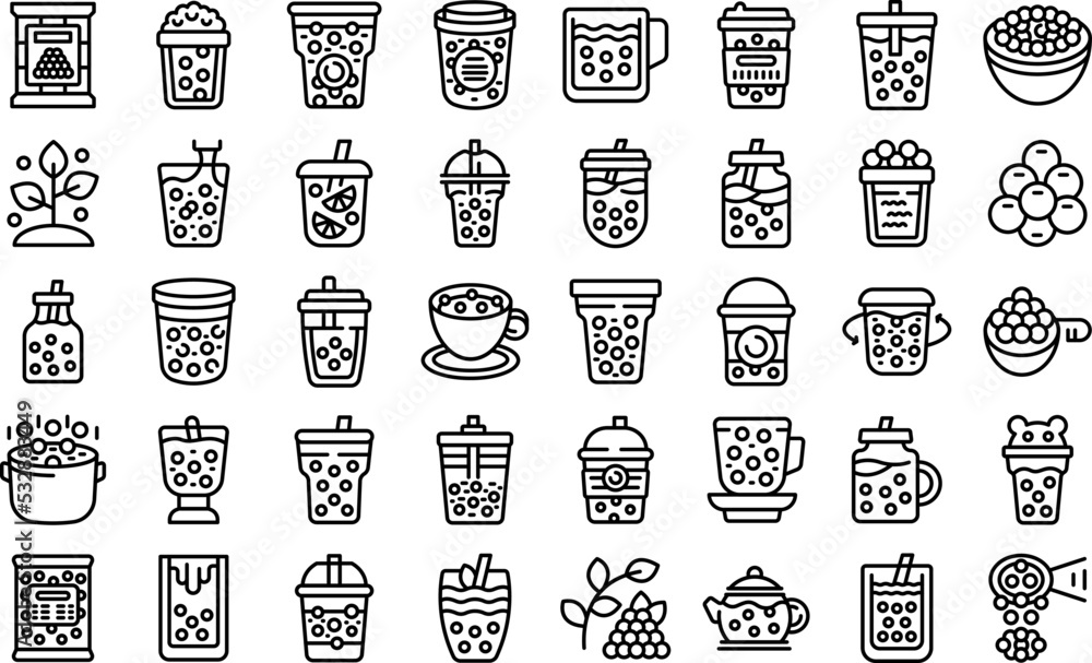 Bubble tea icons set outline vector. Asian balls. Cups drink Stock ...
