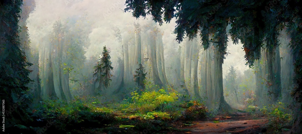 Lush green fairytale forest, majestic ancient pine trees - pristine ...