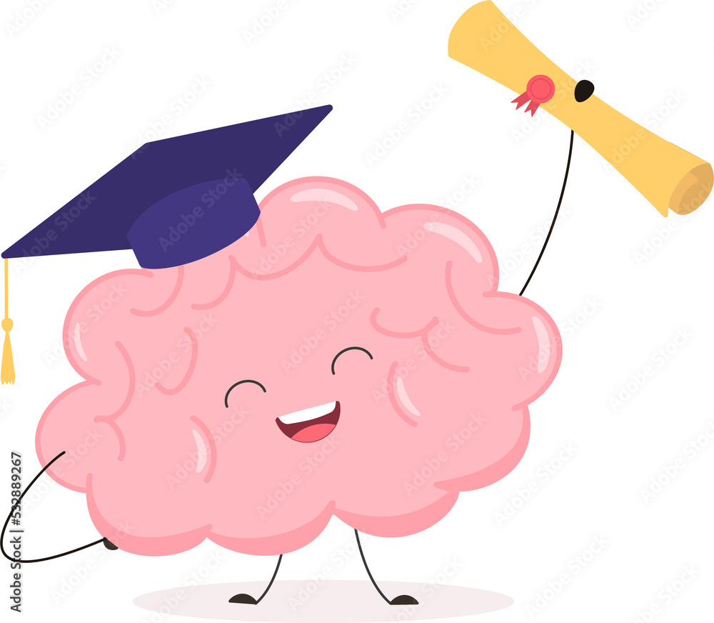 Cute brain in graduation cap with diploma. Kawaii funny human brain ...
