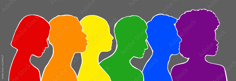 LGBT poster. Silhouettes of various people painted in the colors of the ...