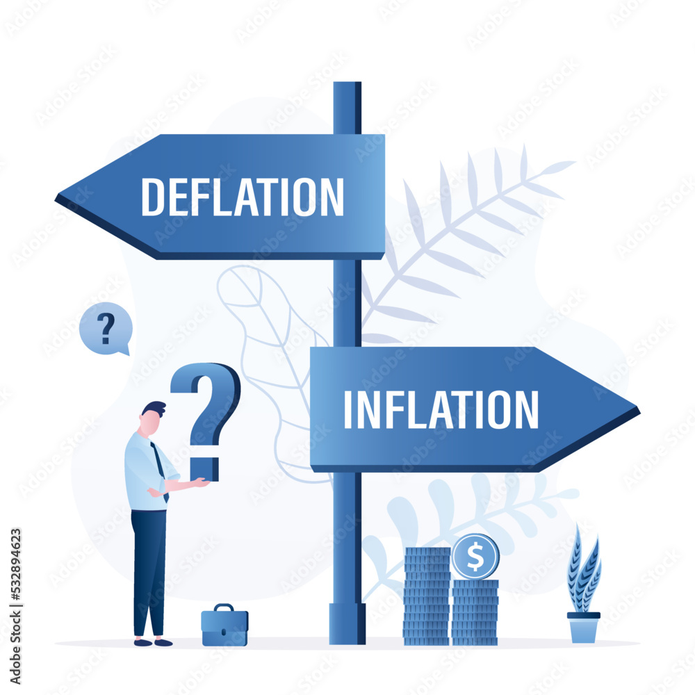 Inflation and deflation signs with confused businessman. Politician or ...