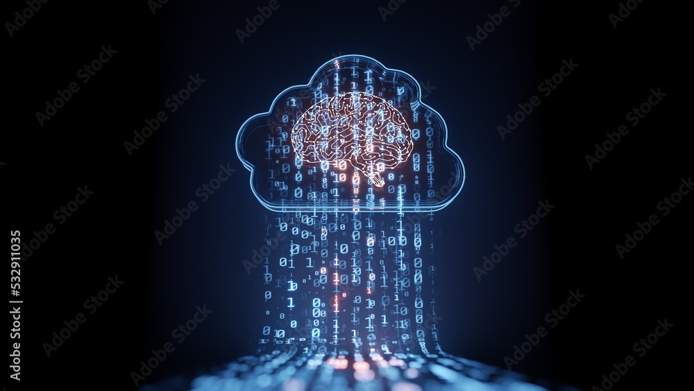 3D Rendering of digital cloud with circuit human brain and binary data ...