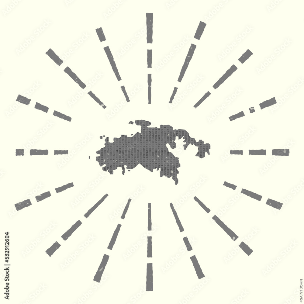 Saint John Logo. Grunge sunburst poster with map of the island. Shape ...