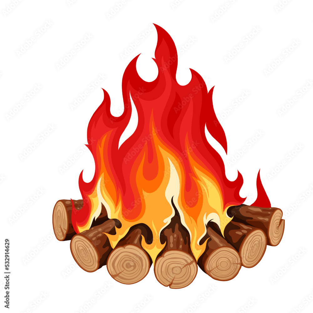 Bonfire, round campfire with burning logs and glowing hot red and ...