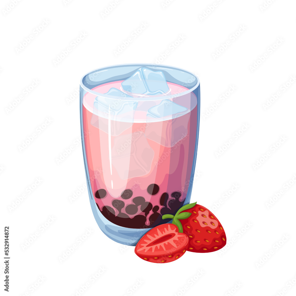 Strawberry bubble tea with tapioca pearls and ice cubes vector ...