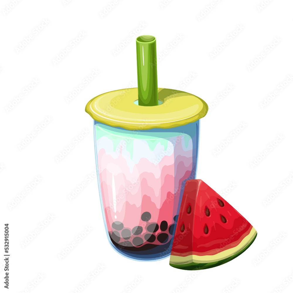 Watermelon smoothie with tapioca balls vector illustration. Cartoon ...