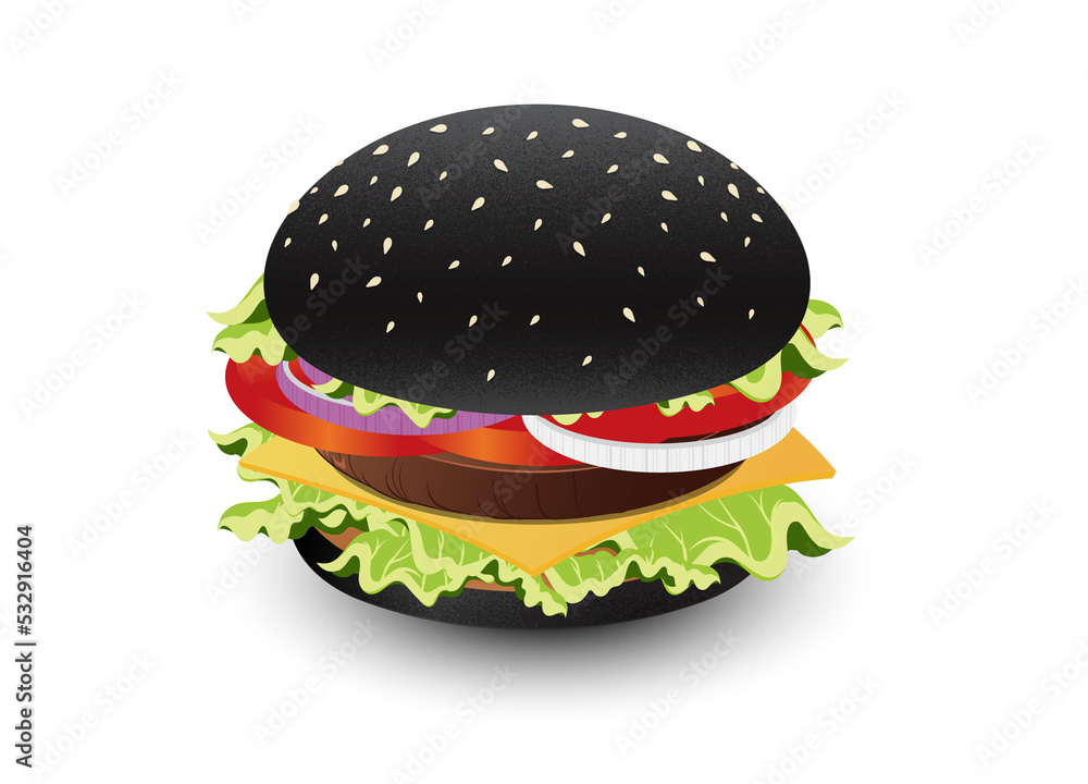 Black burger on transparent background, burger with black bun, cutlet ...