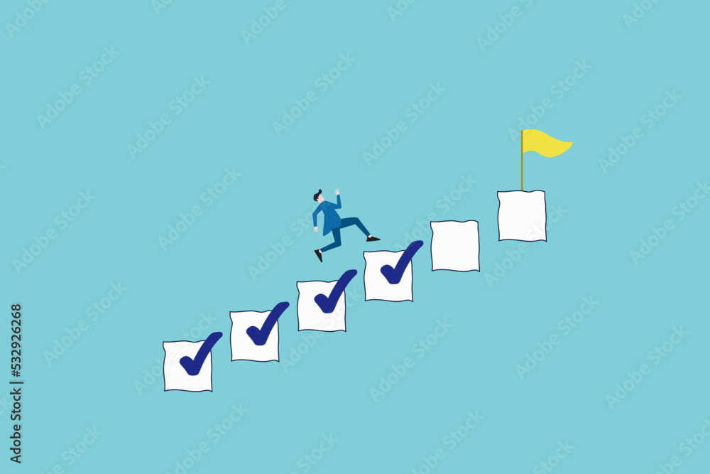 businessman step on checklist to progress to target. Progression from ...