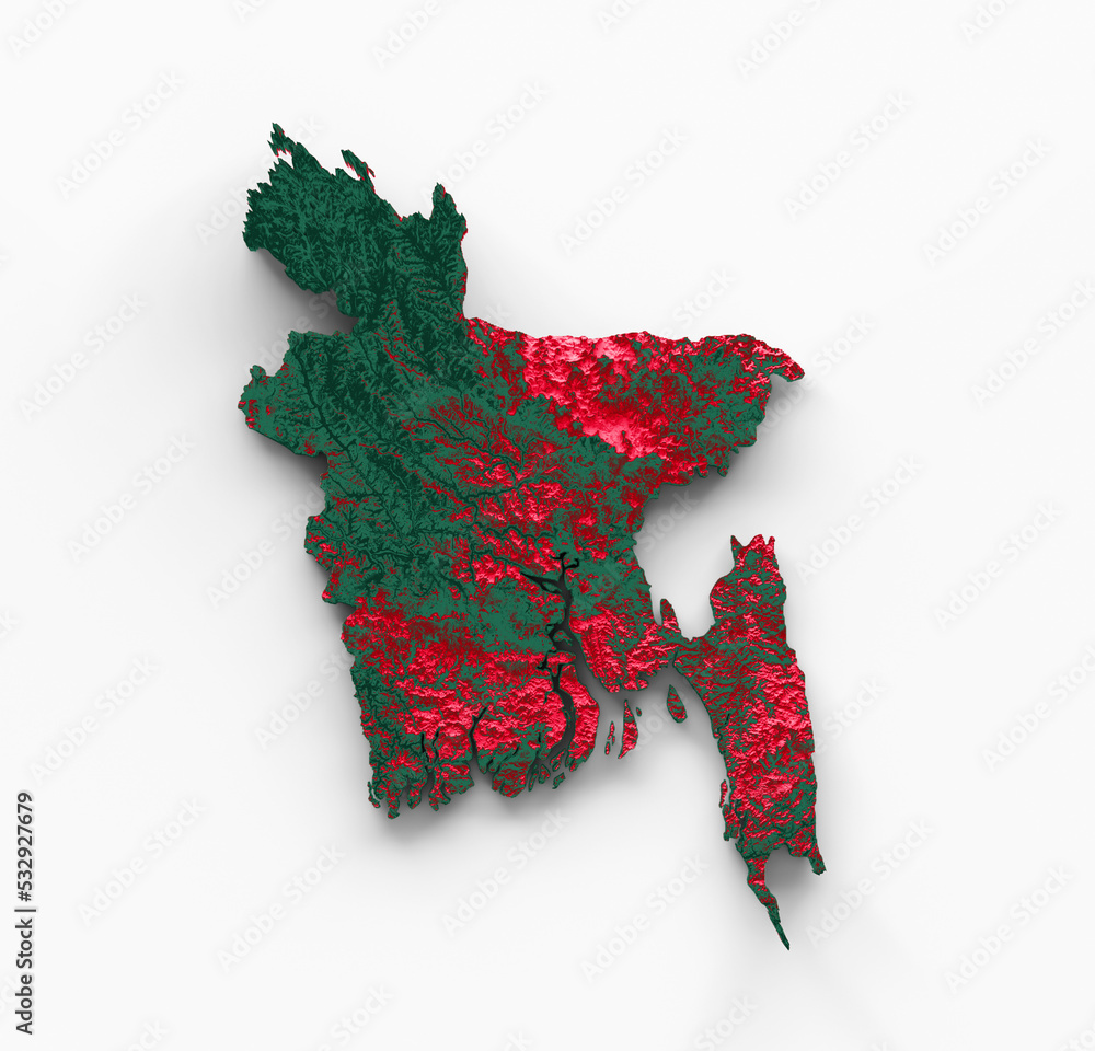 Bangladesh map with the flag Colors Red and yellow Shaded relief map 3d ...