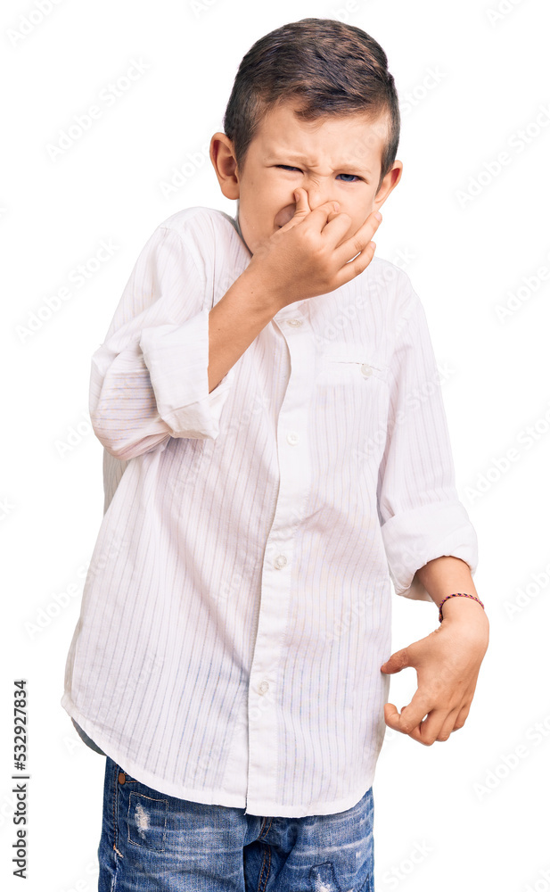 Cute blond kid wearing elegant shirt smelling something stinky and ...