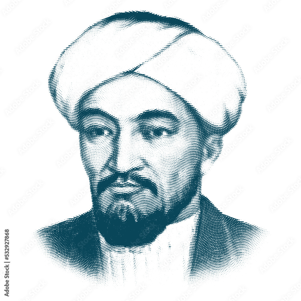 Al-Farabi (872-950) portrait in engraving. He was philosopher, jurist ...