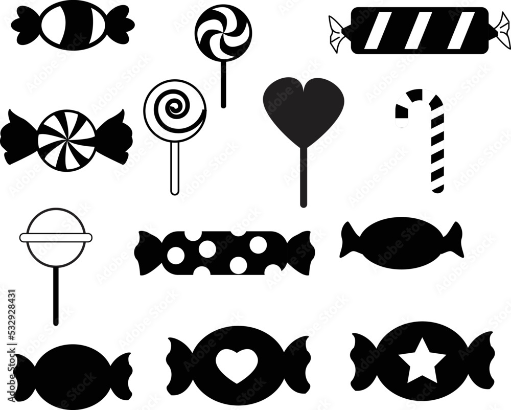 black and white wrapped candy icon on transparent background. flat ...