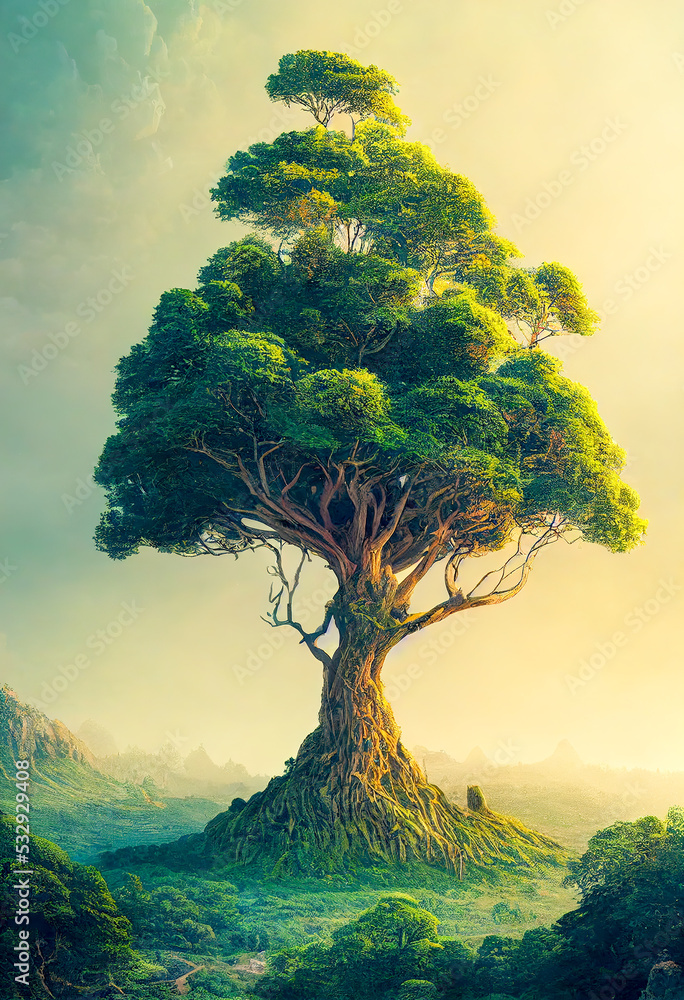 Surreal giant tree growing on a hill Stock Illustration | Adobe Stock