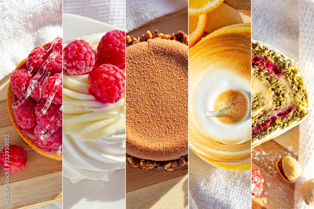 Top view of different sweet desserts (lemon, chocolate and raspberry ...