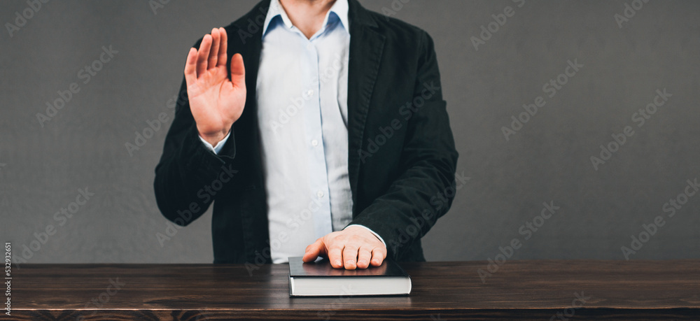 Oath. The promise of a man with his right hand raised. Stock Photo ...