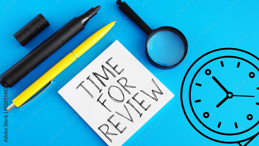Time for review is shown using the text and picture of clock Stock ...