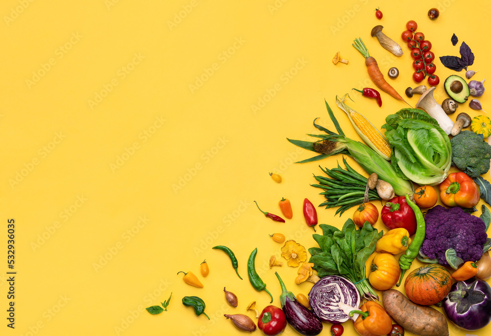Organic vegetables background. Photo of different vegetables on yellow ...