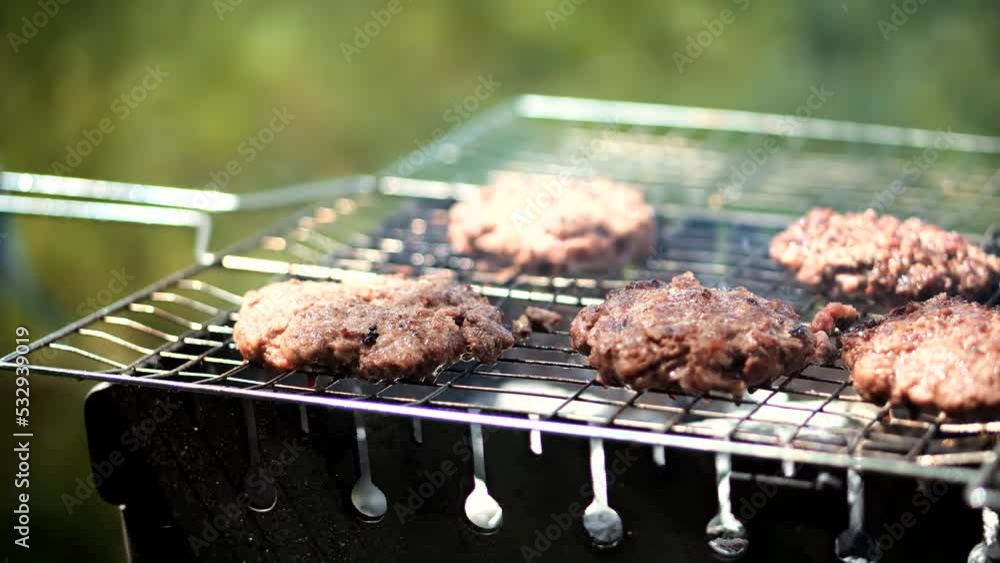Patty On Fire Coals Grill. Roasting Meat Hamburger On Grill. Grilling ...