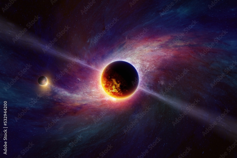 Abstract scientific image, glowing exoplanets in deep space on ...