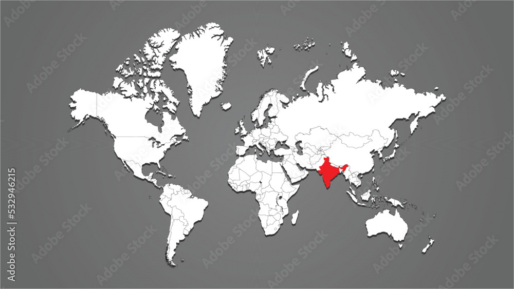 india highlight in red color on world map with other countries border ...