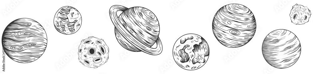 Сollection of solar system planets. Hand drawn isolated illustration ...