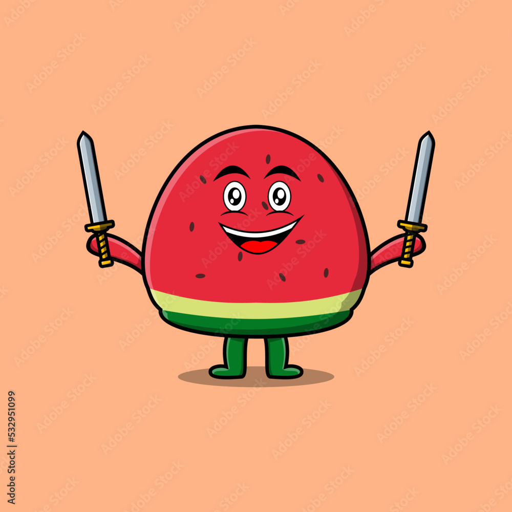 Cute cartoon Watermelon character holding two sword in 3d modern design ...