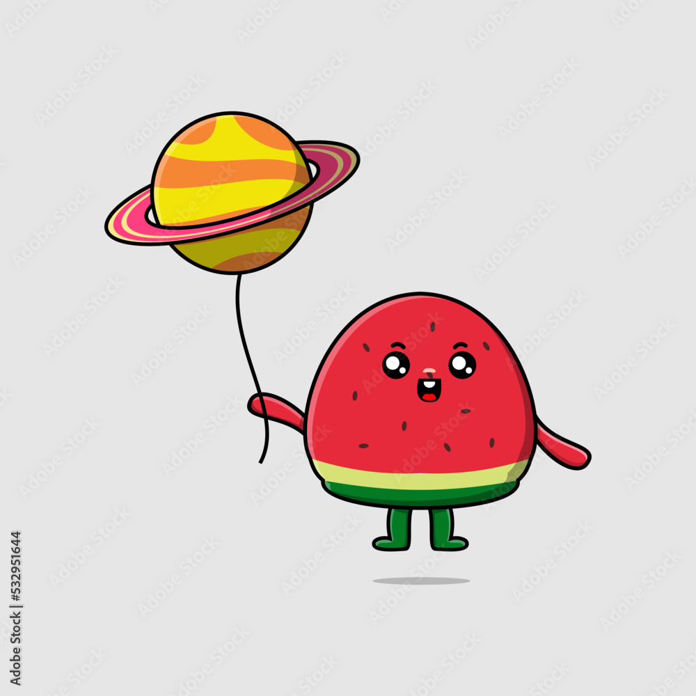 Cute cartoon Watermelon floating with planet balloon cartoon vector ...