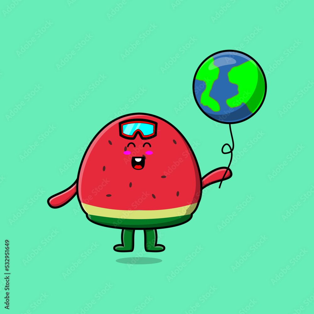 Cute cartoon Watermelon floating with world balloon cartoon vector ...