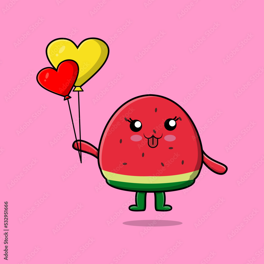 Cute cartoon Watermelon floating with love balloon cartoon vector ...