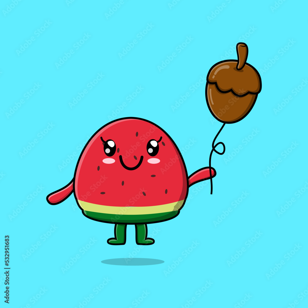 Cute cartoon Watermelon floating with acorn balloon cartoon vector ...