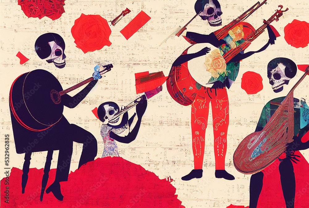 Day of Dead, Dia de los Muertos fiesta, skeleton in Mexican costumes ...