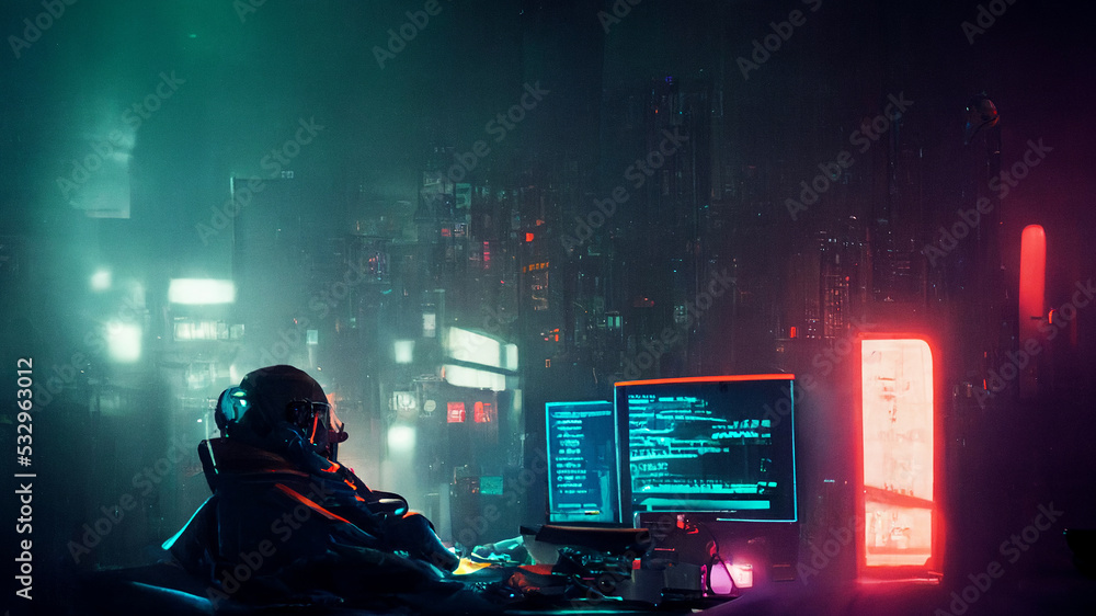 thief cyber ai hacker on city cyber future.Hacking and malware concept ...