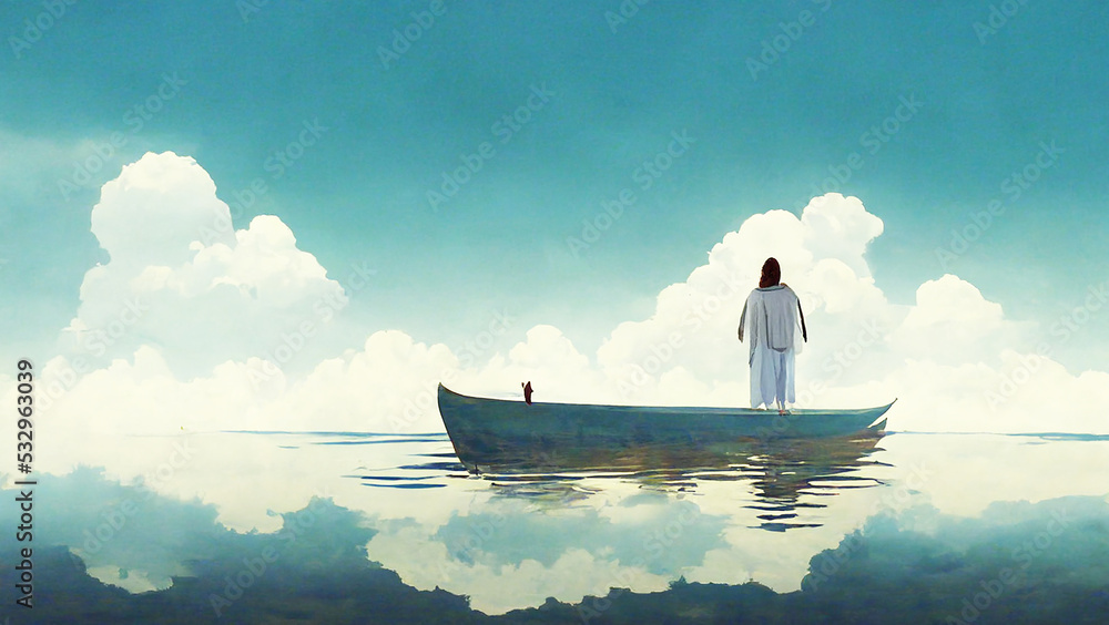 Biblical illustration series, Jesus calms the storm on the boat in the ...