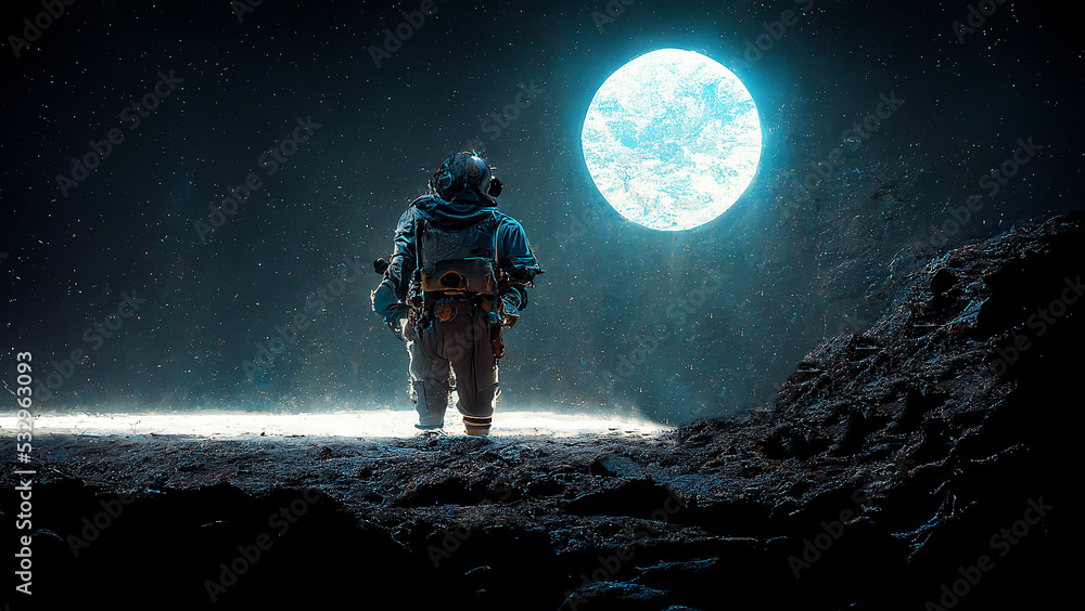 Astronaut on foreign planet in front of spacetime portal light. Science ...