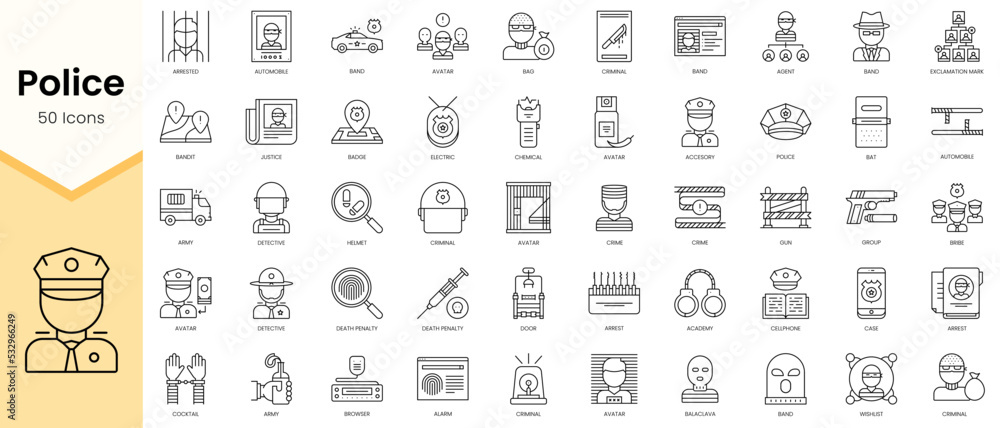 Simple Outline Set ofPolice icons. Linear style icons pack. Vector ...