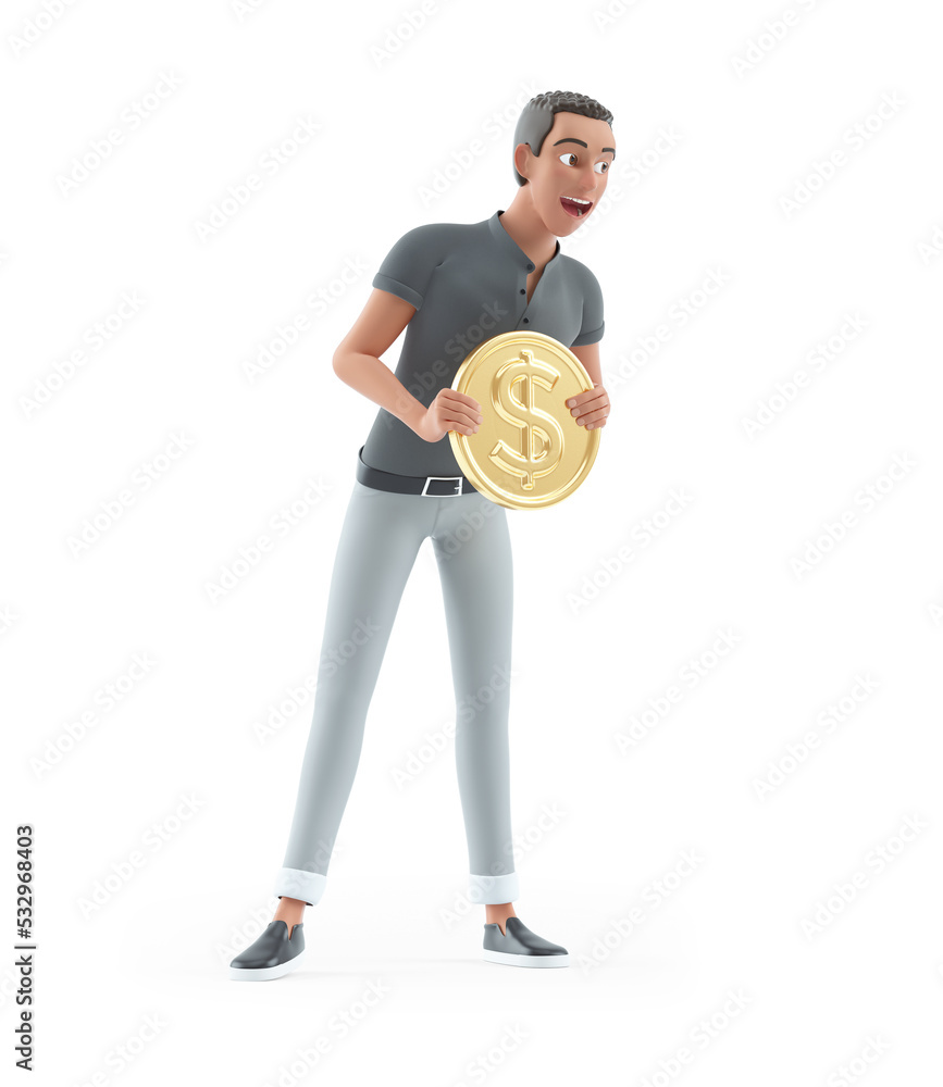 3d character man holding gold coin Stock Illustration | Adobe Stock