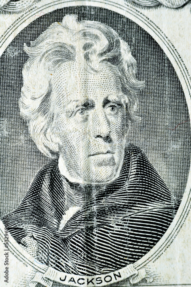 Portrait of president Andrew Jackson from the obverse side of an old 20 ...