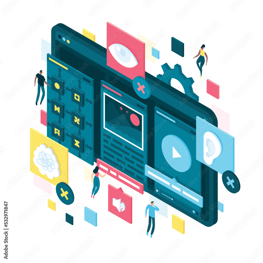 Digital accessibility, isometric illustration motor, auditory, speech ...