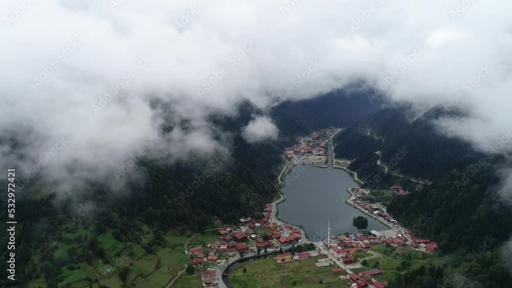 Aeriel view Tabzon Uzungol. Misty mountains and village, Trabzon ...